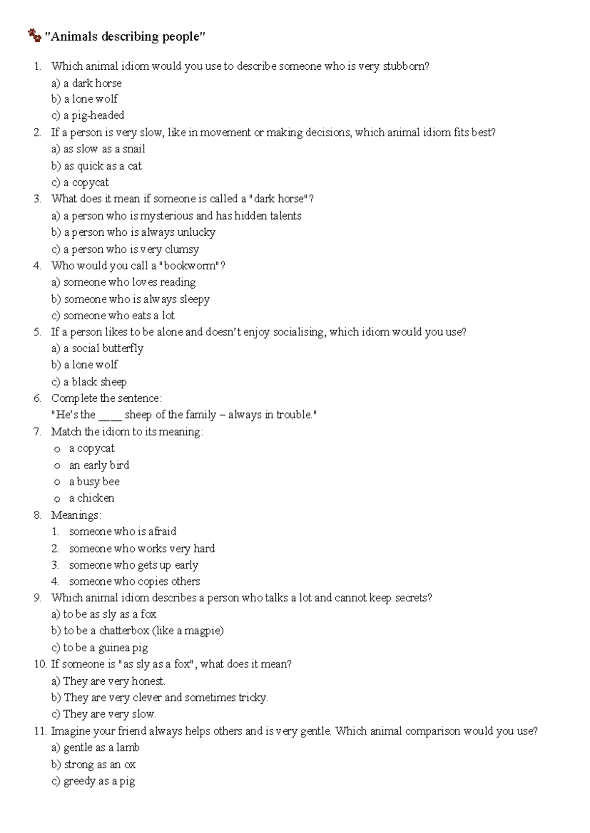 🐾 Animal Idioms Describing People: Quiz & Discussion Questions - Studocu