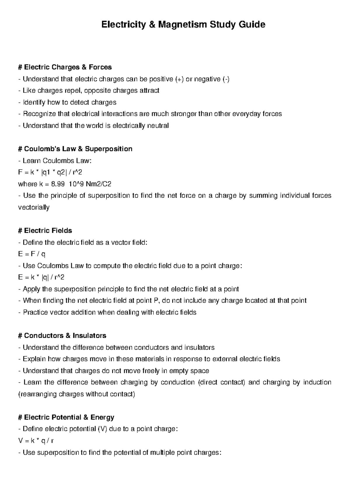 Electricity Study Guide - Electricity & Magnetism Study Guide Electric ...