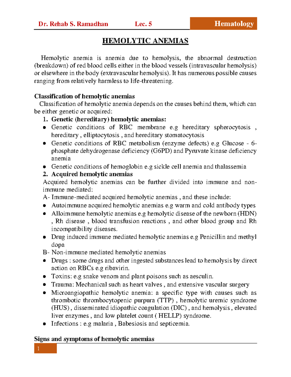 Hemolytic Anemias - Hematology - Dr. Rehab S. Ramadhan Lec. 5 ...