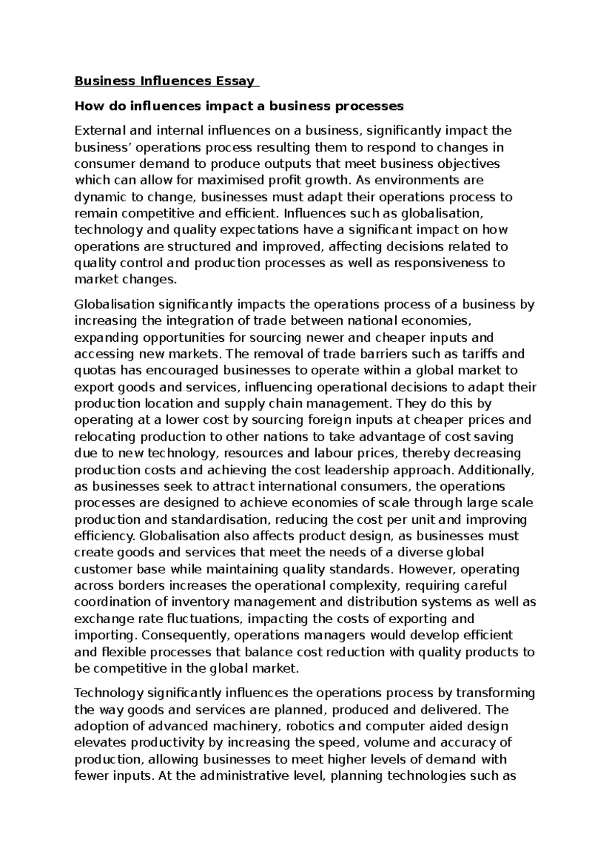 Business Influences Essay: Impact of Internal & External Factors on ...