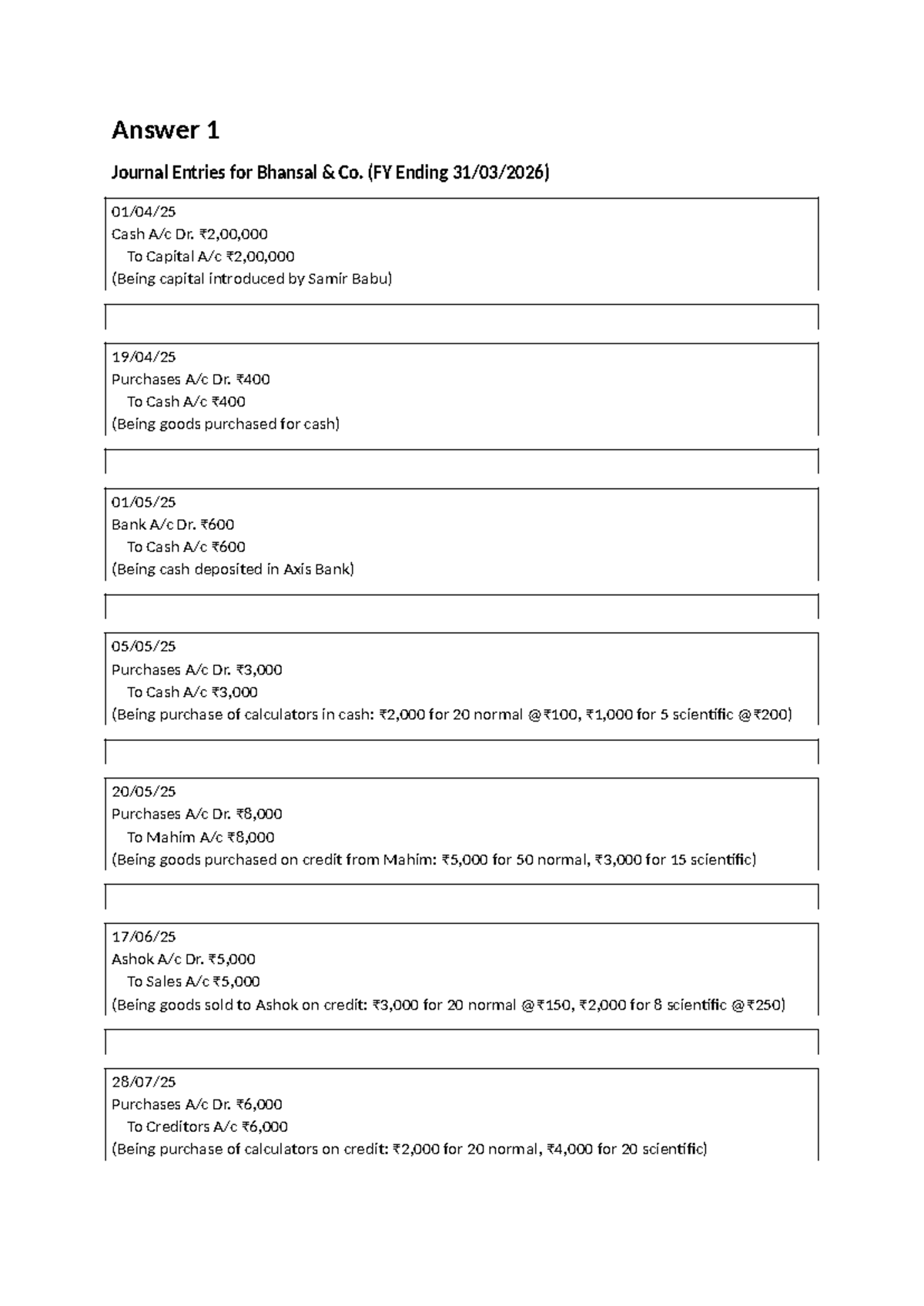Journal Entries for Bhansal Co. (FY Ending) - Ledger Analysis - Studocu