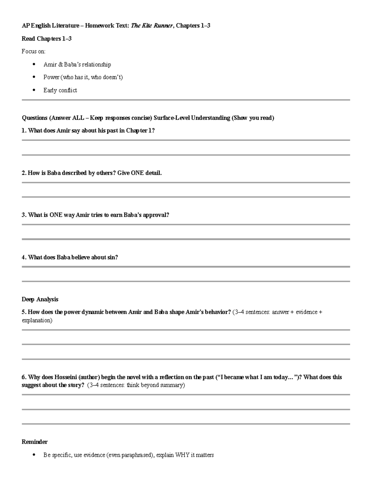 AP English Literature (APEL) Ch. 1-3 Homework on The Kite Runner - Studocu