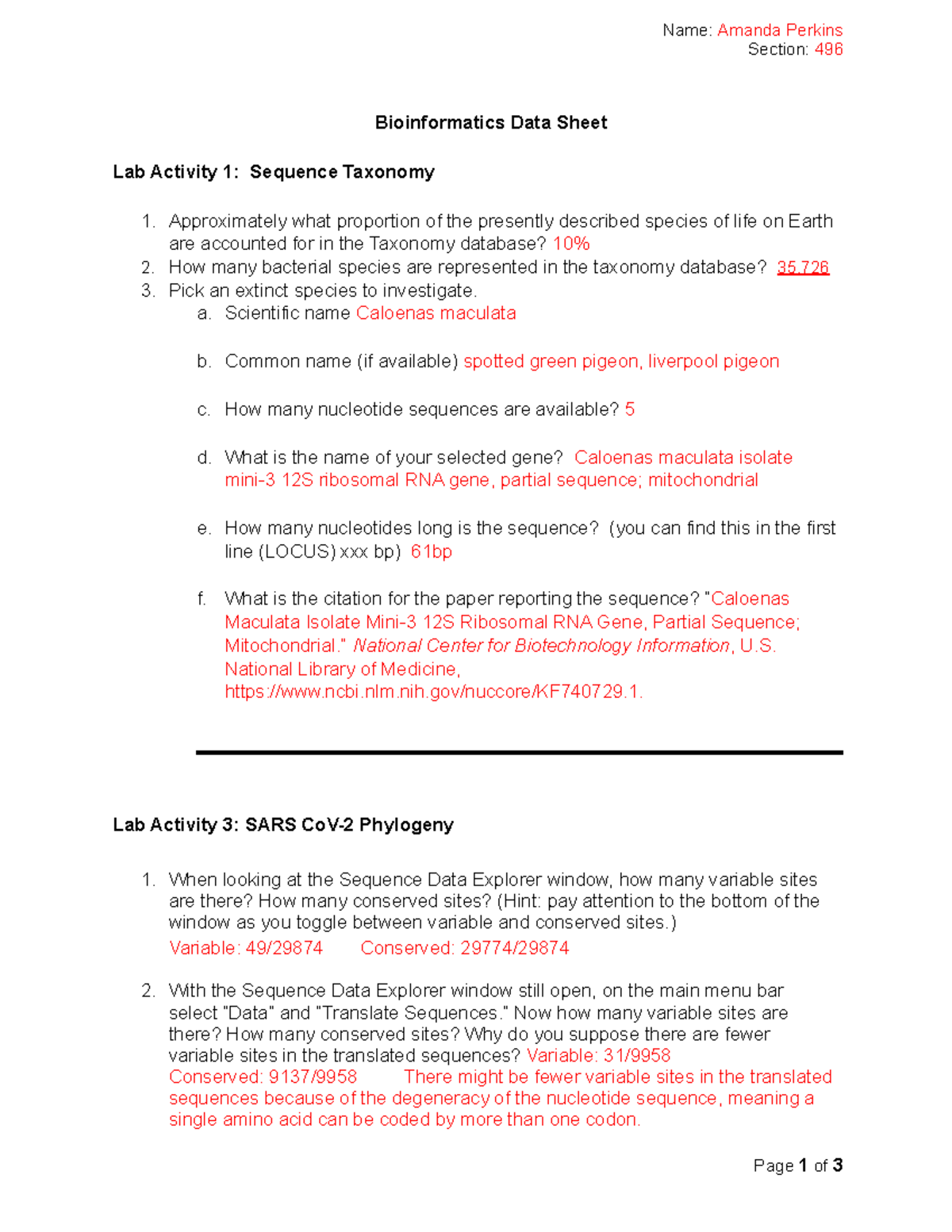 Forensic Biology Bioinformatics I Lab - Name: Amanda Perkins Section: 496 Bioinformatics Data ...