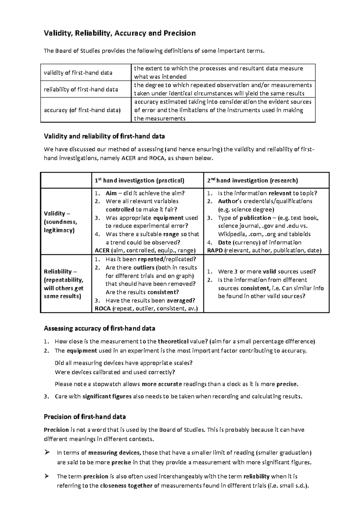Validity, Reliability, Accuracy & Precision Notes (SCI101) - Studocu