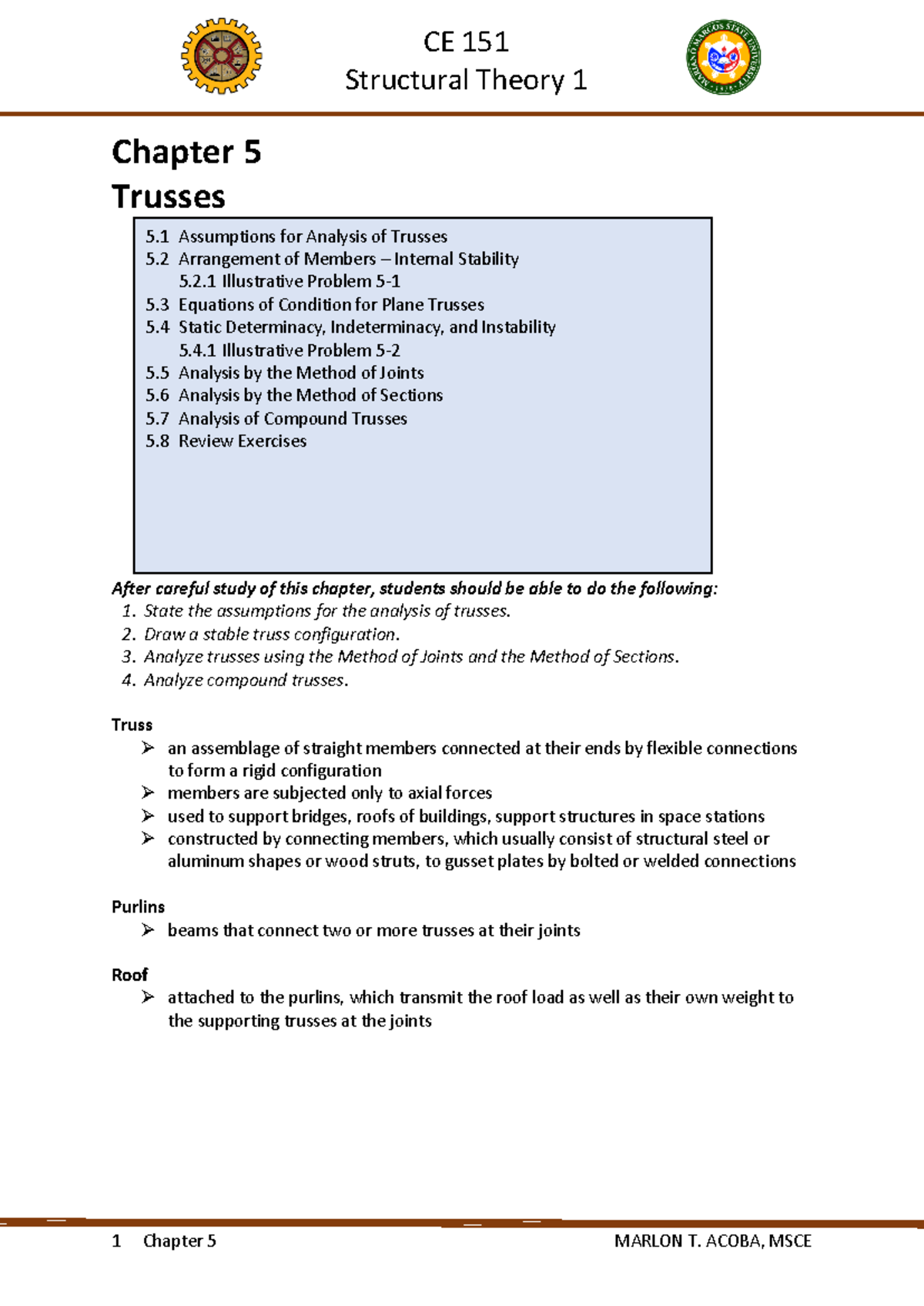 CE151 Chapter 5 - Analyzing Trusses in Structural Theory I - Studocu
