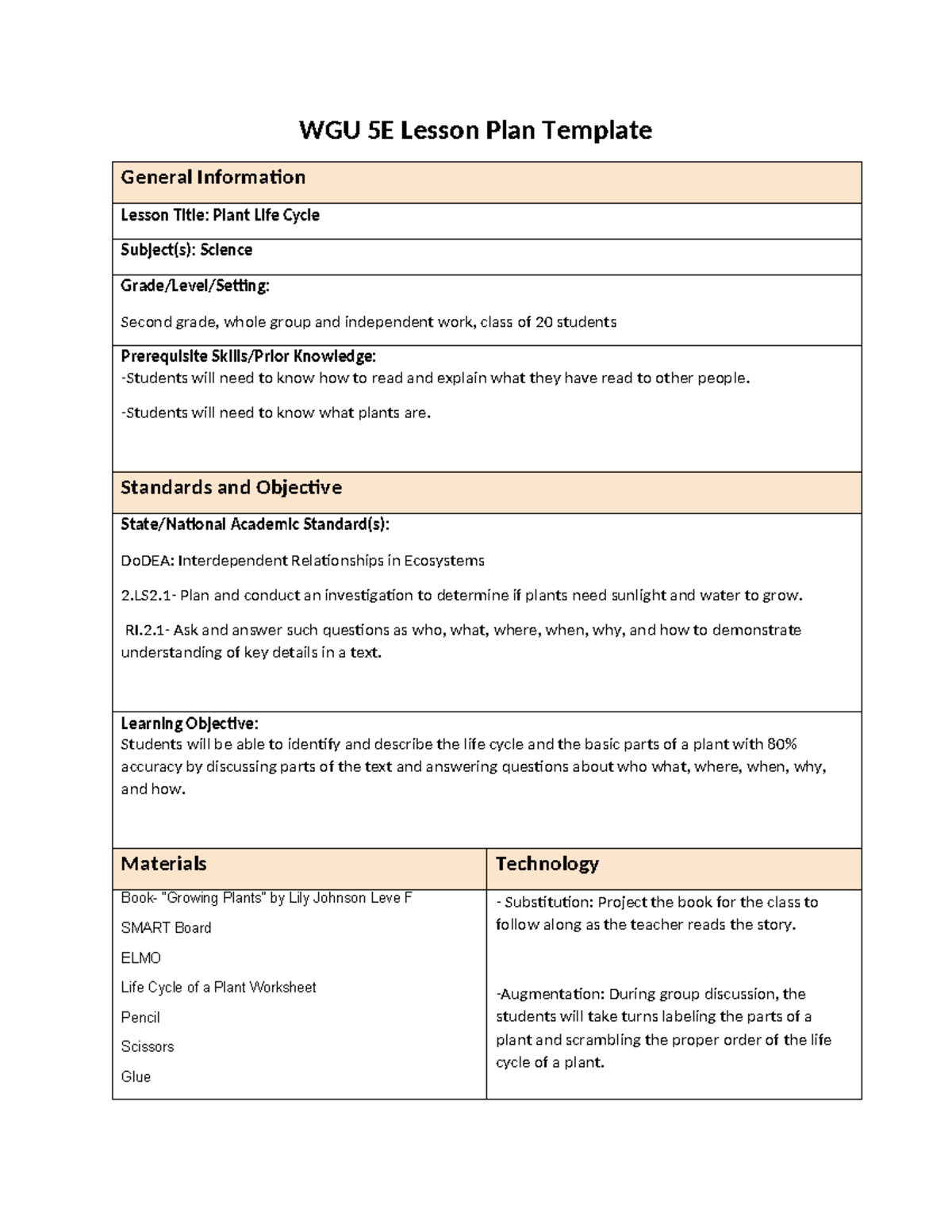 WGU 5E Lesson Plan: Plant Life Cycle for 2nd Grade Science - Studocu