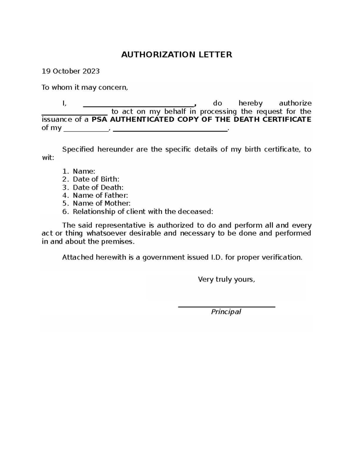 Authorization Letter - PSA - AUTHORIZATION LETTER 19 October 2023 To ...