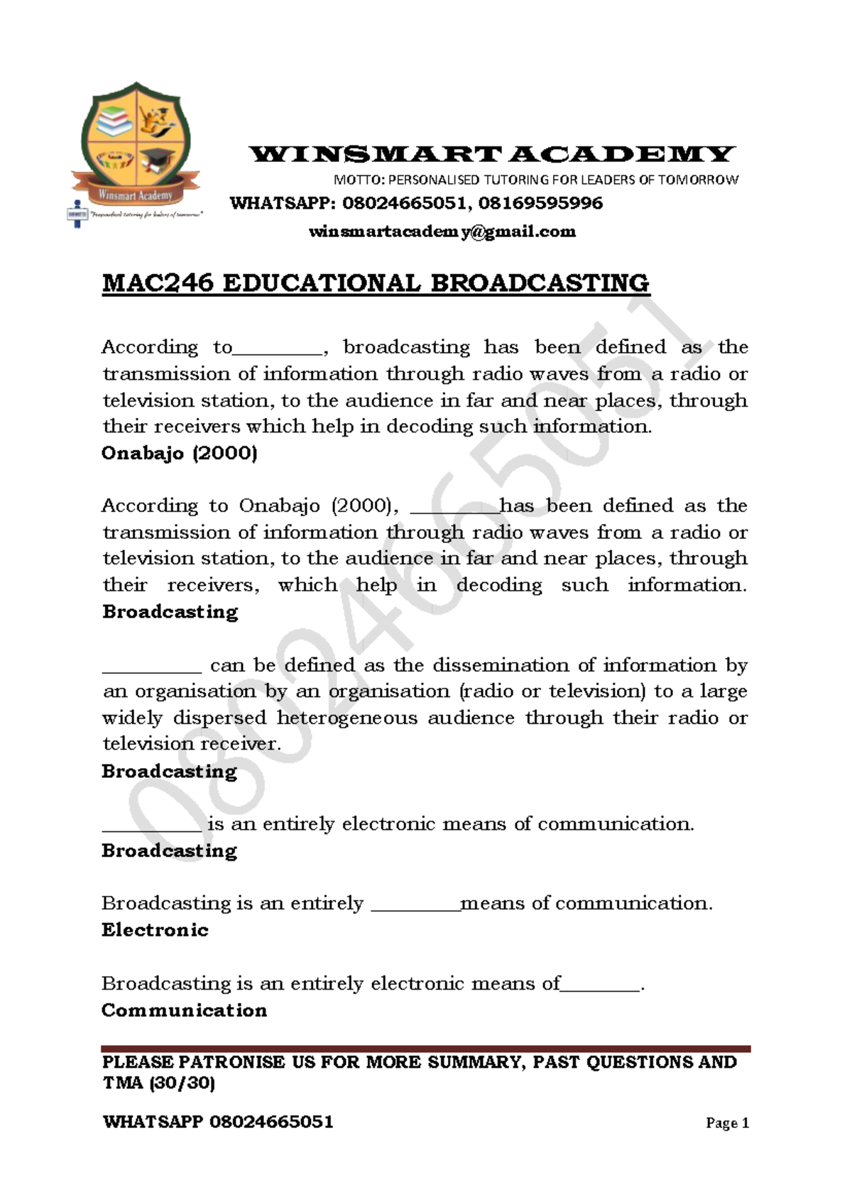 MAC246 Winsmart (2) - PLEASE PATRONISE US FOR MORE SUMMARY, PAST ...