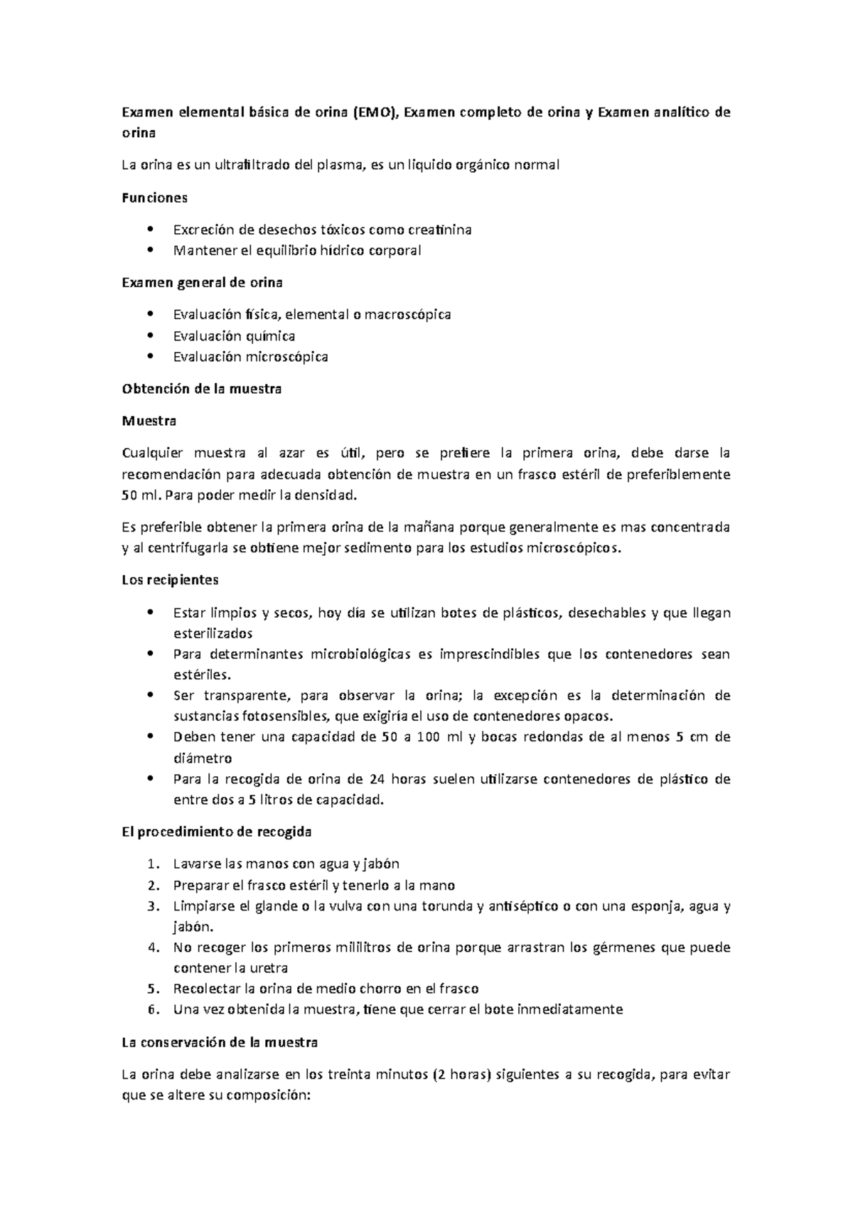 EMO - LAB EXAMEN DE URINA: RECOLECCIÓN Y ANÁLISIS DETALLADO - Studocu