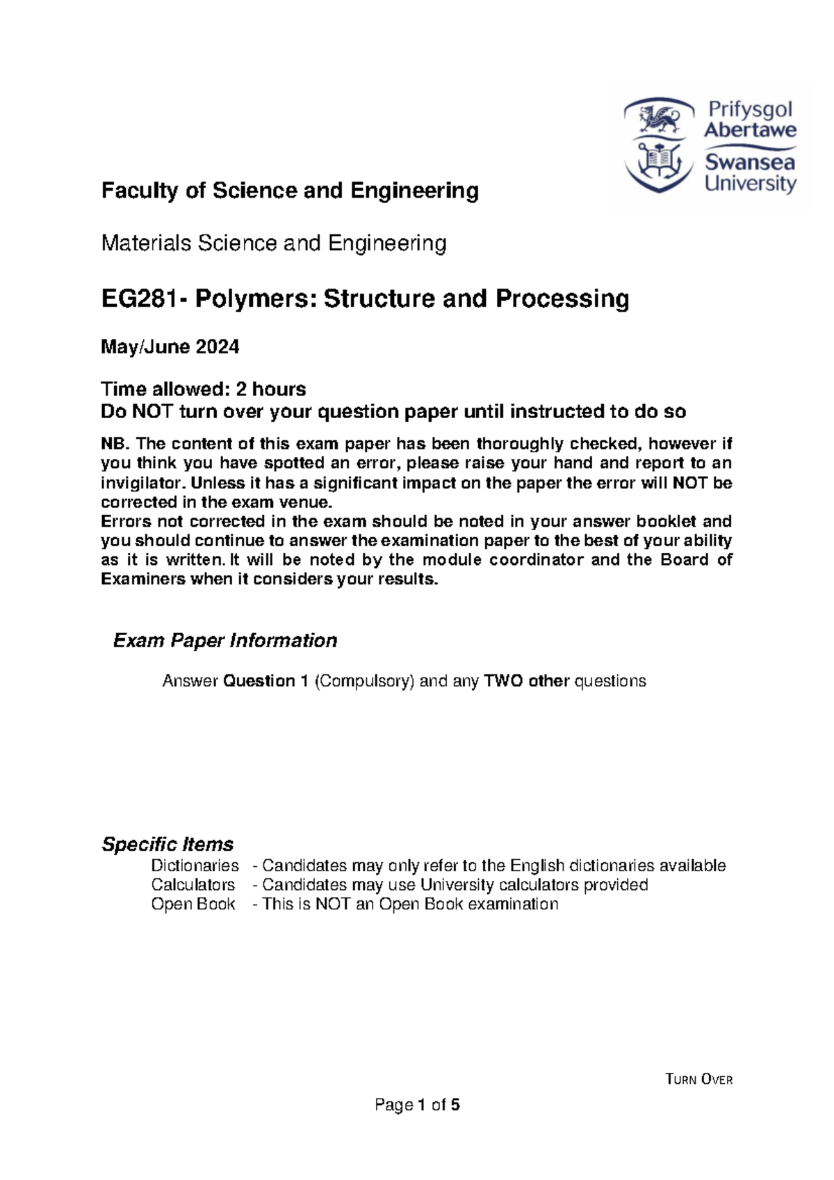 EG-281 Materials Science & Engineering Exam Paper 2023-24 - Studocu