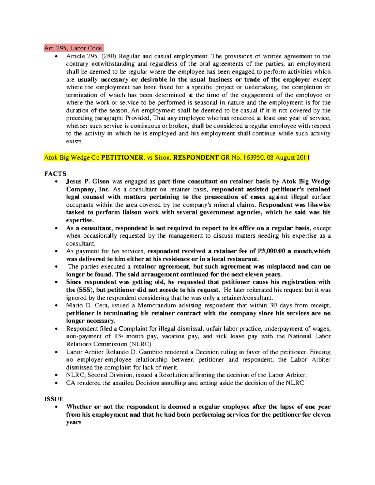 Employee Classification and Labor Code Analysis: A Digest - Studocu