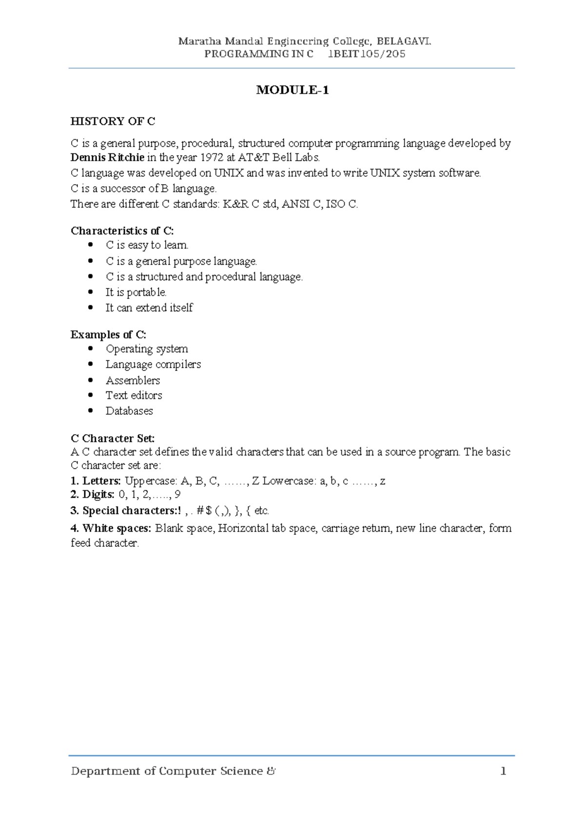 C Programming: Comprehensive Notes for Module 1 at Maratha Mandal ...