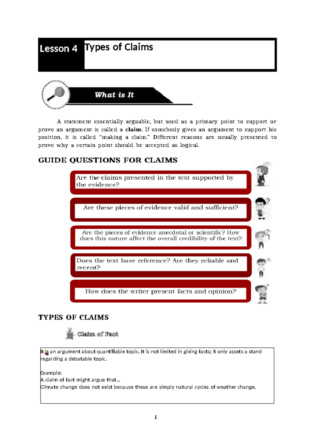 Lesson 4: Understanding Different Types of Claims in Arguments - Studocu
