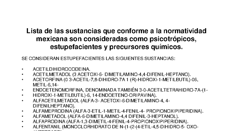 Lista de Sustancias Psicotrópicas y Estupefacientes en México - Studocu