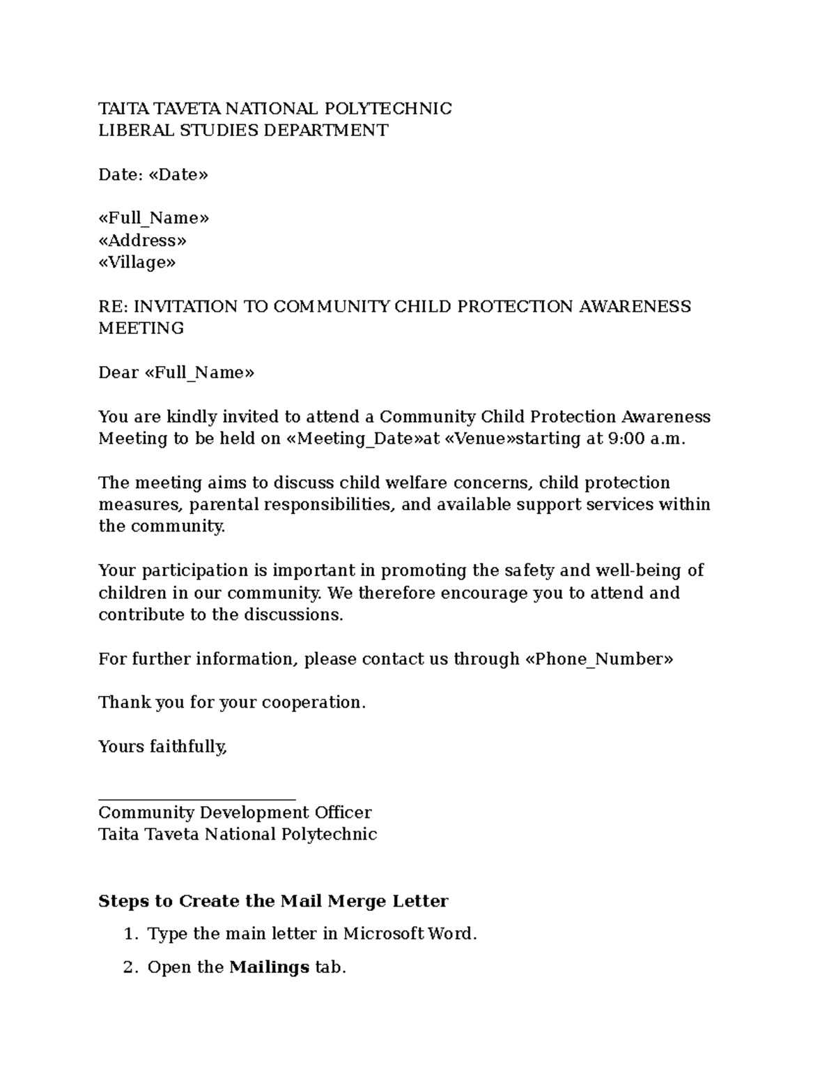 Community Child Protection Awareness Meeting Invitation - 124302 - Studocu