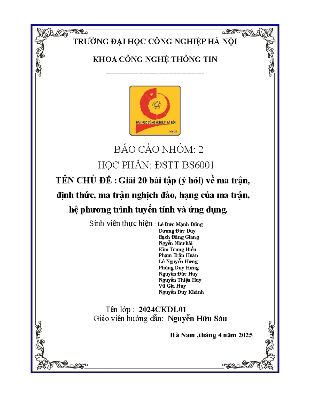 Báo cáo Nhóm 2 - Giải 20 Bài Tập Đại Số Tuyến Tính ĐSTT BS6001 - Studocu