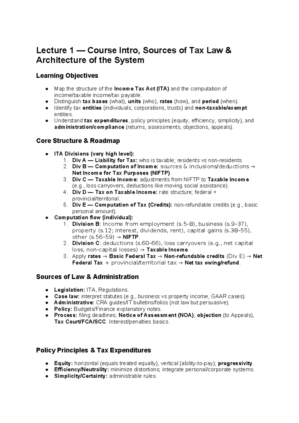 Canadian Income Taxation Lecture Notes: Midterm Topics Overview - Studocu