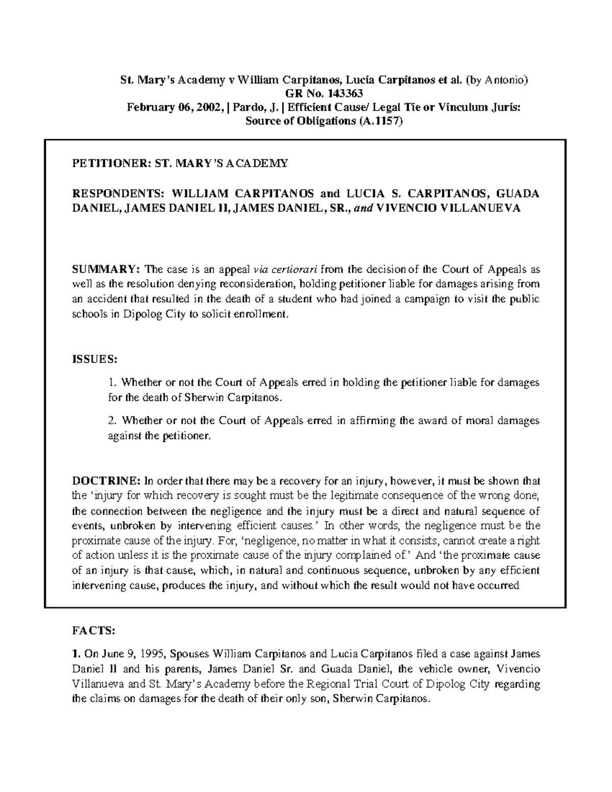 St. Academy v. Carpitanos Case Analysis (A.1157) GR No. 143363 - Studocu