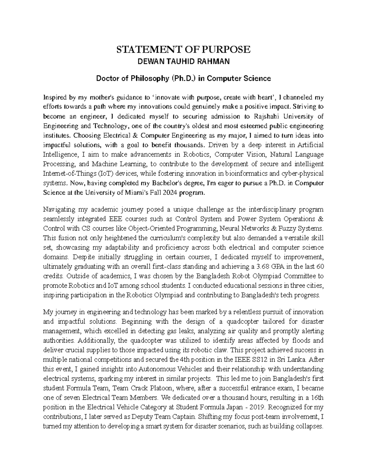 Ph.D. Statement of Purpose: Dewan Tauhid Rahman in CS - Studocu
