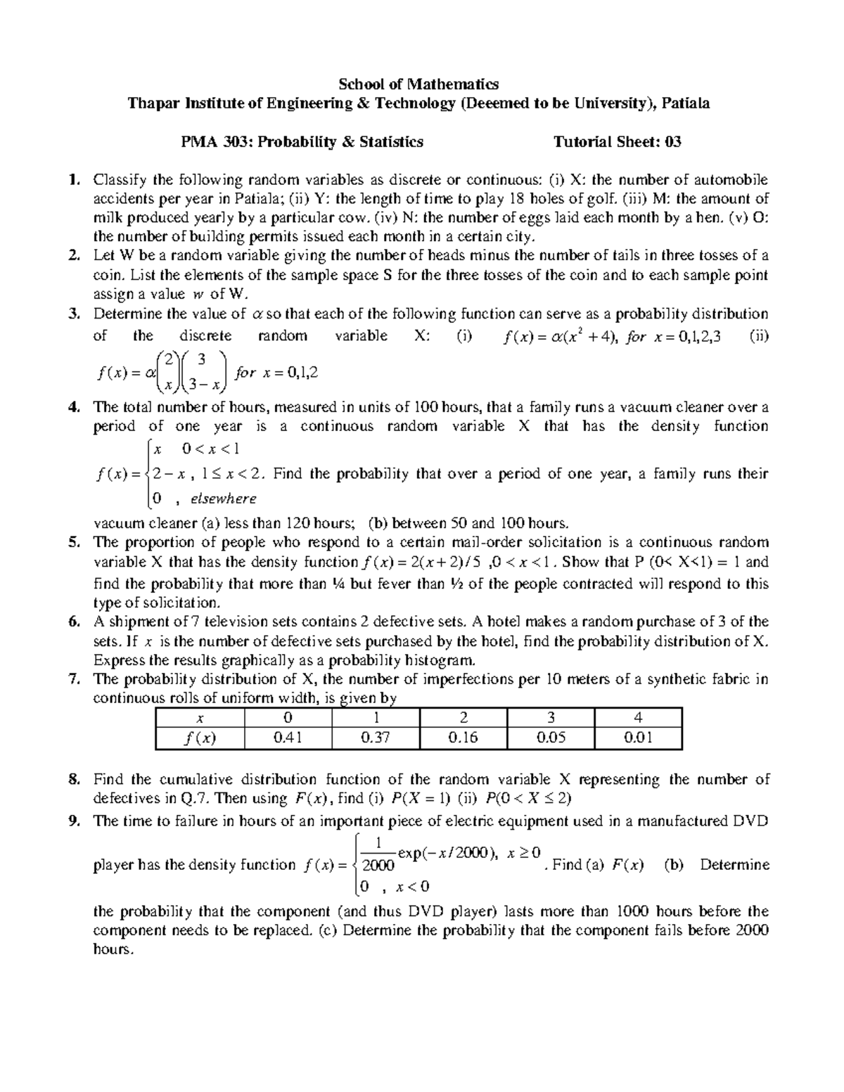 PMA 303: Probability & Statistics Tutorial Sheet 03 - Studocu