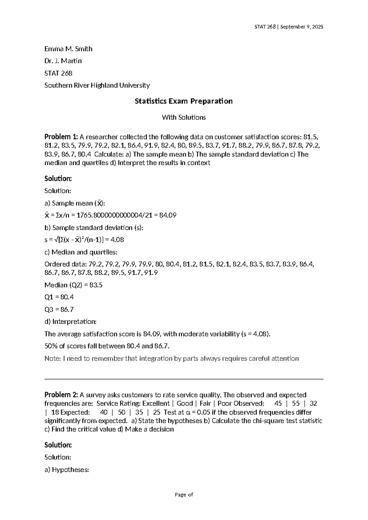 STAT 268 Statistics Exam Prep Solutions and Analysis - Studocu