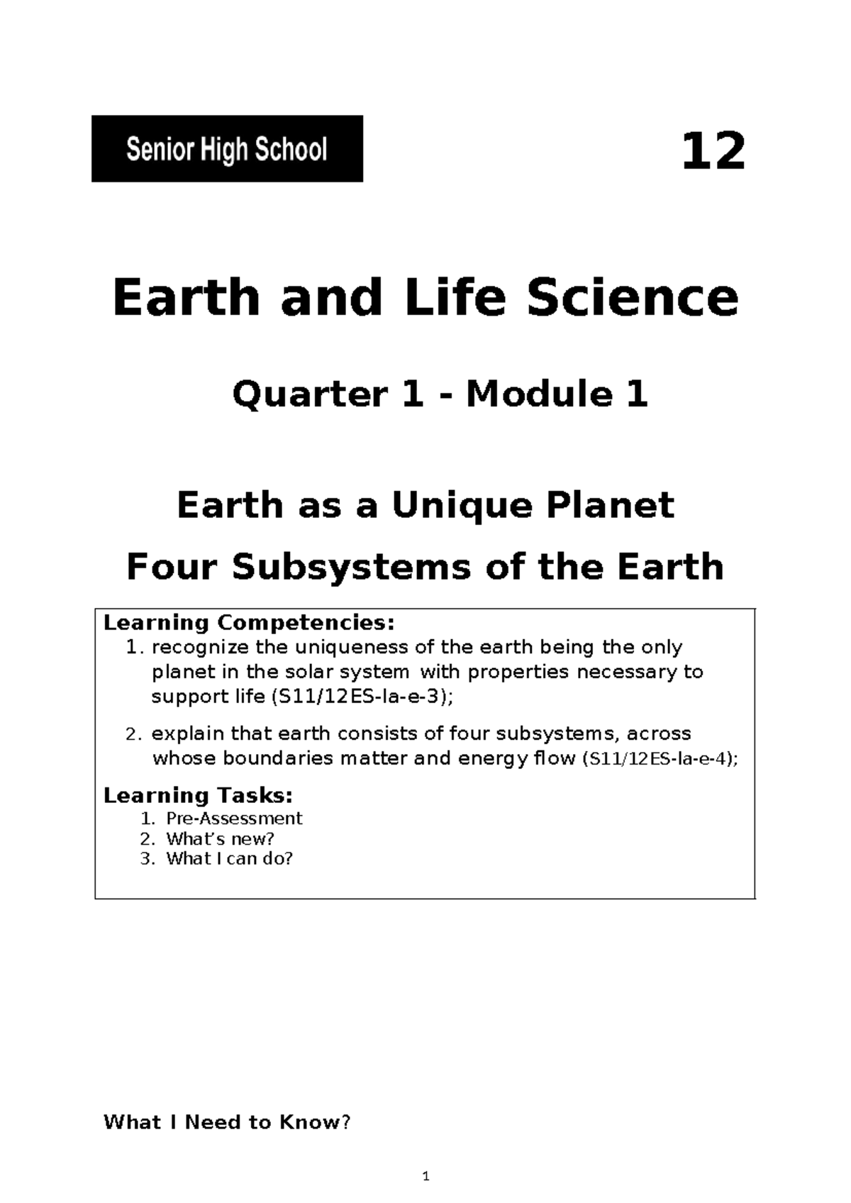 Earth and Life Science 12: Quarter 1 Module 1 - Earth's Unique ...