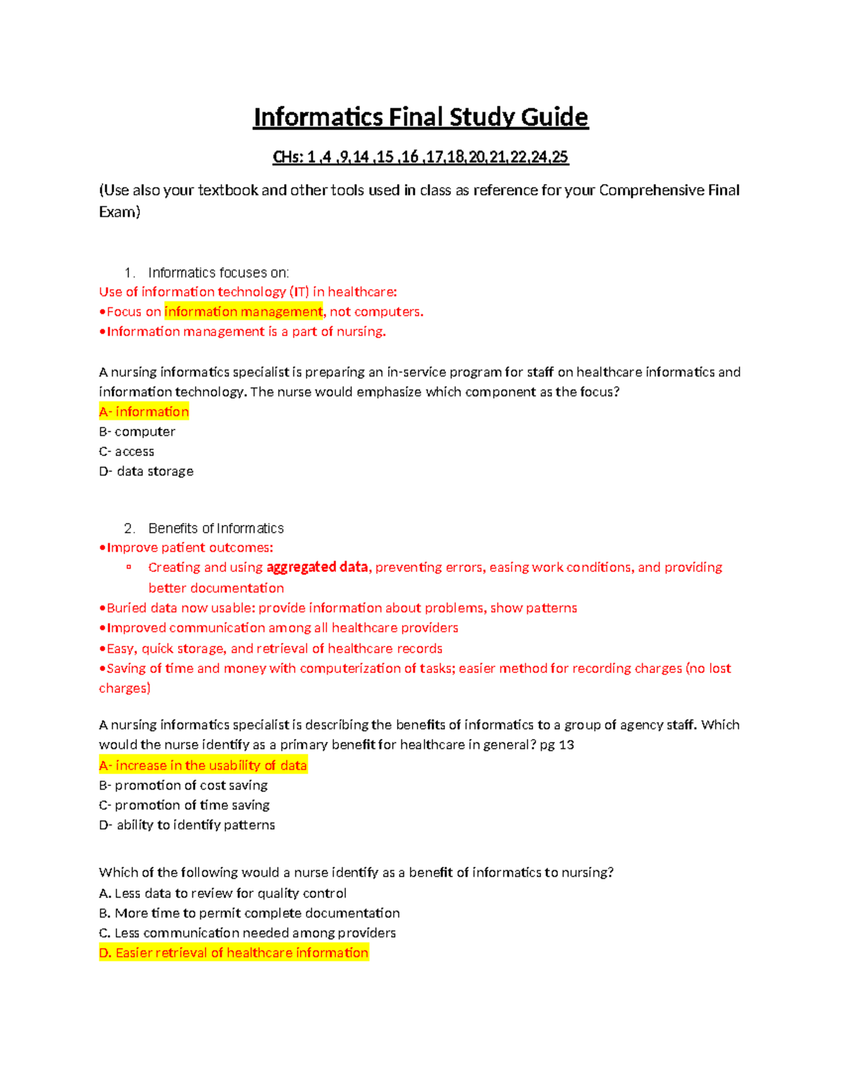 IT-610 Informatics Final Exam Study Guide: Key Concepts & Benefits ...