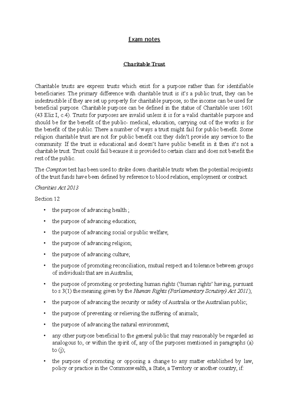 Lecture Notes - Charitable Trust Exam Notes - Exam notes Charitable ...