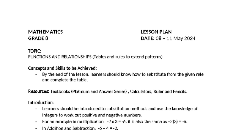 MATHEMATICS GRADE 8 LESSON PLAN: FUNCTIONS & RELATIONSHIPS - Studocu