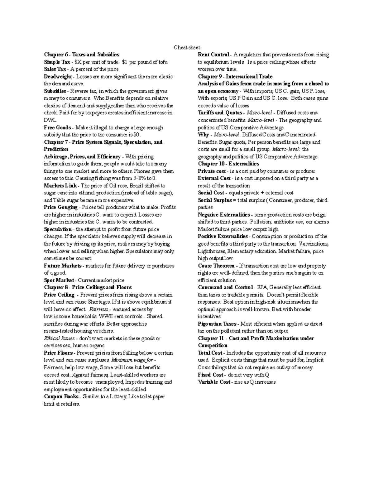 Cheat Sheet for Exam 2: Taxes, Price Systems, & Externalities - Studocu