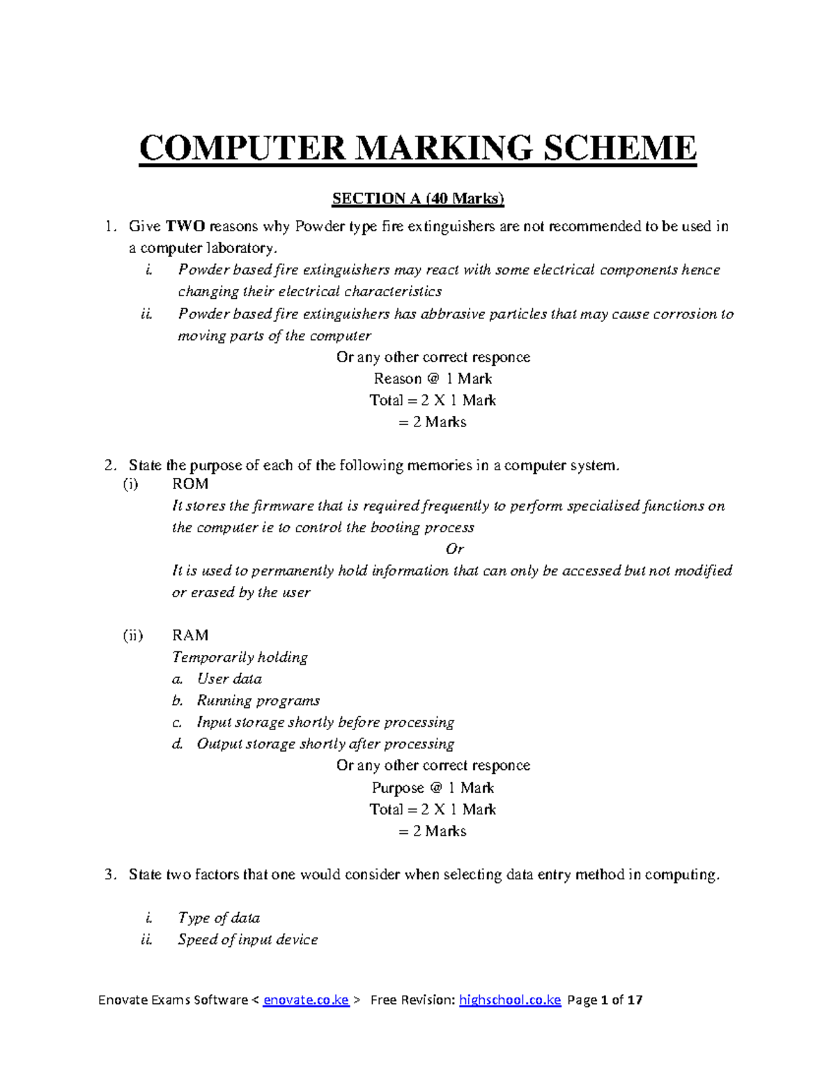 451 Form 4 Computer PP1 Marking Scheme - Detailed Breakdown of Answers ...