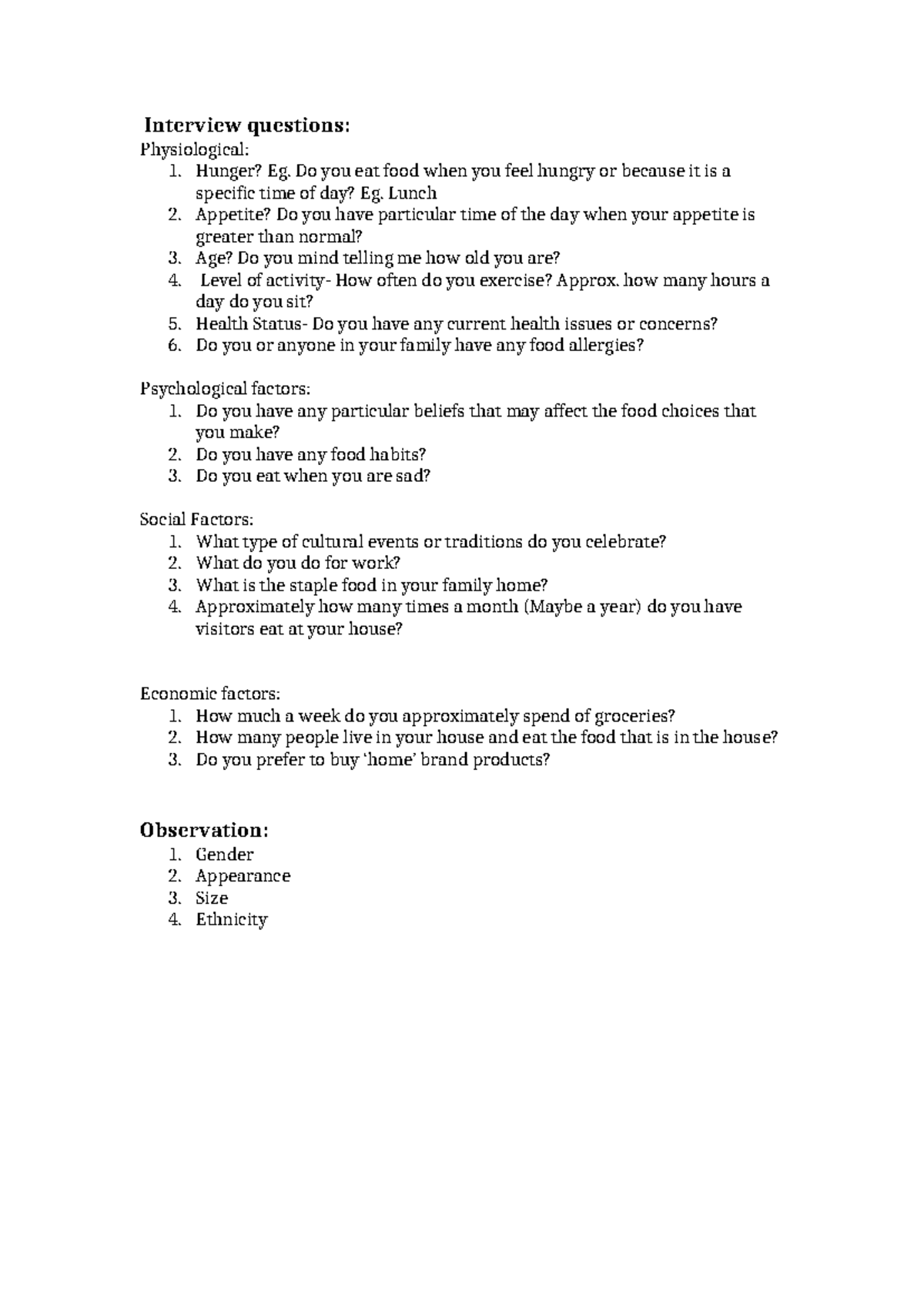 Interview Questions for Physiological, Psychological, Social & Economic ...