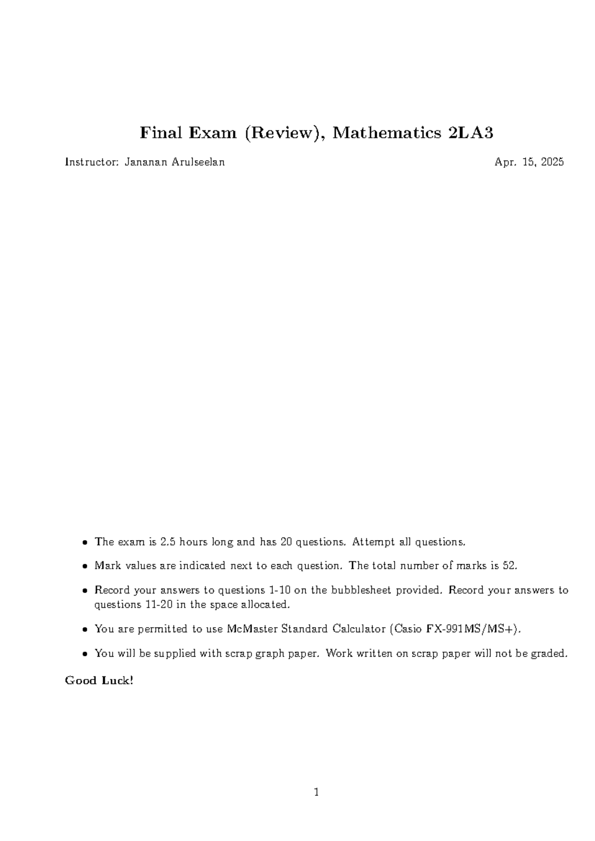 Final Exam Review: MATH 2LA3 Practice Questions - Studocu