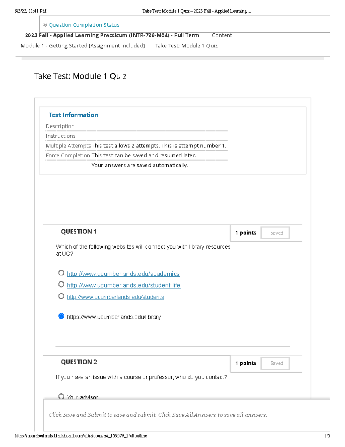INTR 799 Module 1 Quiz - Fall 2023 Practicum Test Instructions - Studocu