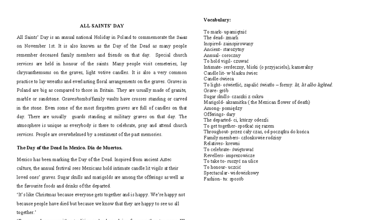 All Saints' Day: Commemorating the Dead in Poland & Mexico - Studocu