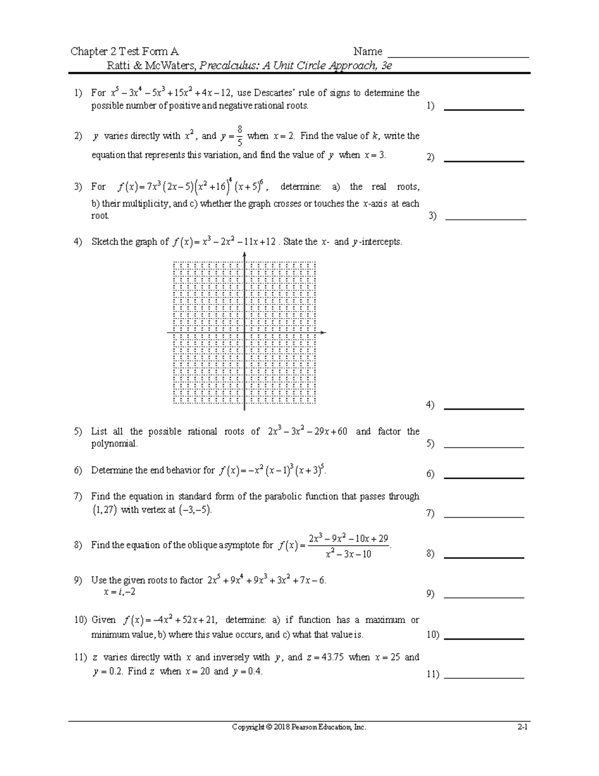 Chapter 2Practice Tests - Chapter 2 Test Form A Name ...