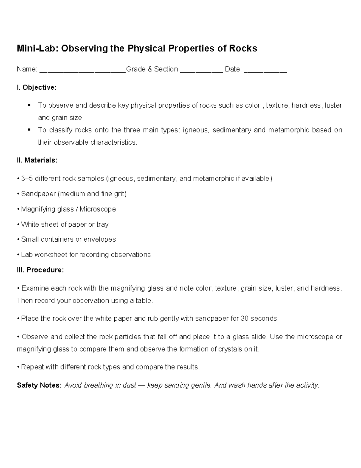 MINI LAB: Observing Physical Properties of Rocks (Geology 101) - Studocu