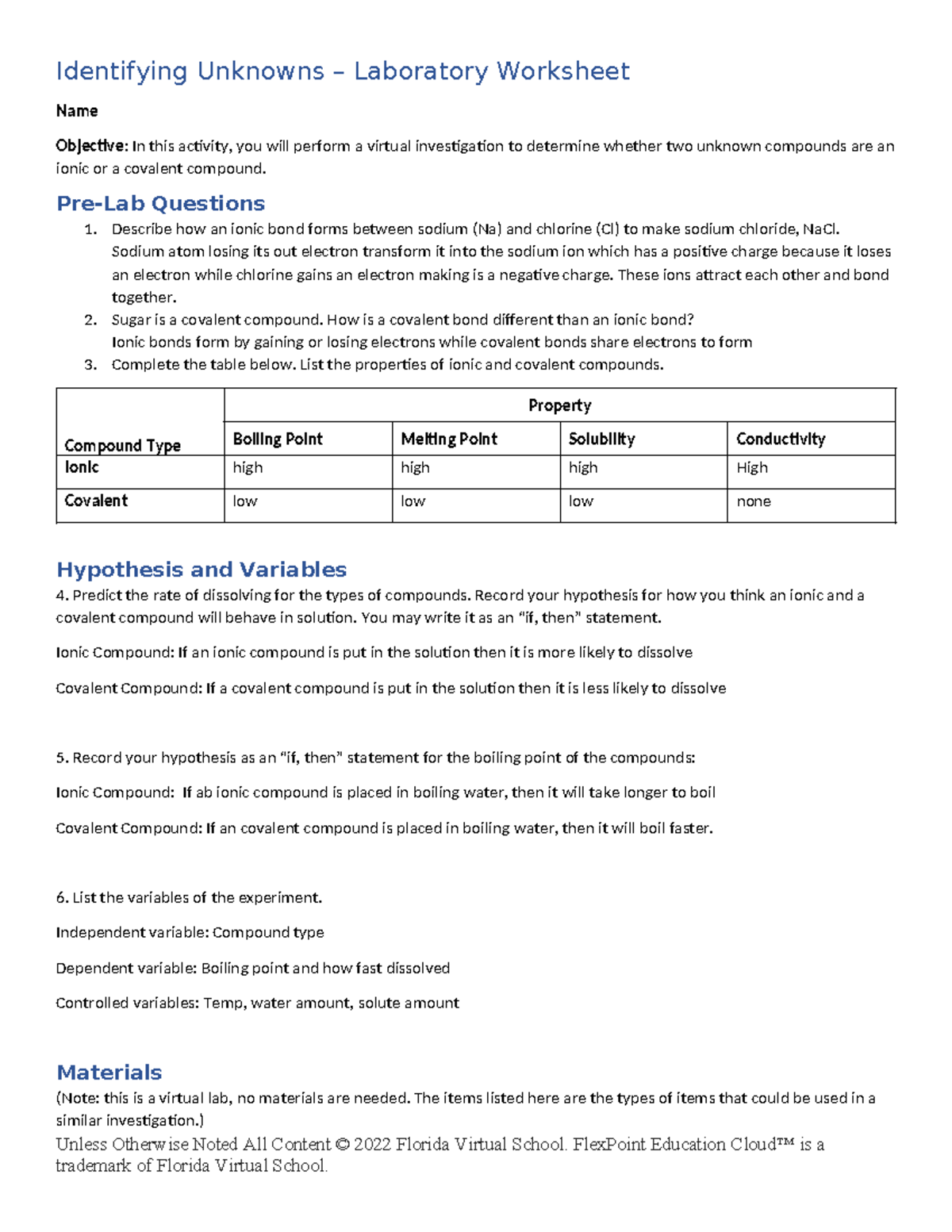 05.02 Lab Worksheet: Identifying Ionic vs Covalent Bonds - Studocu