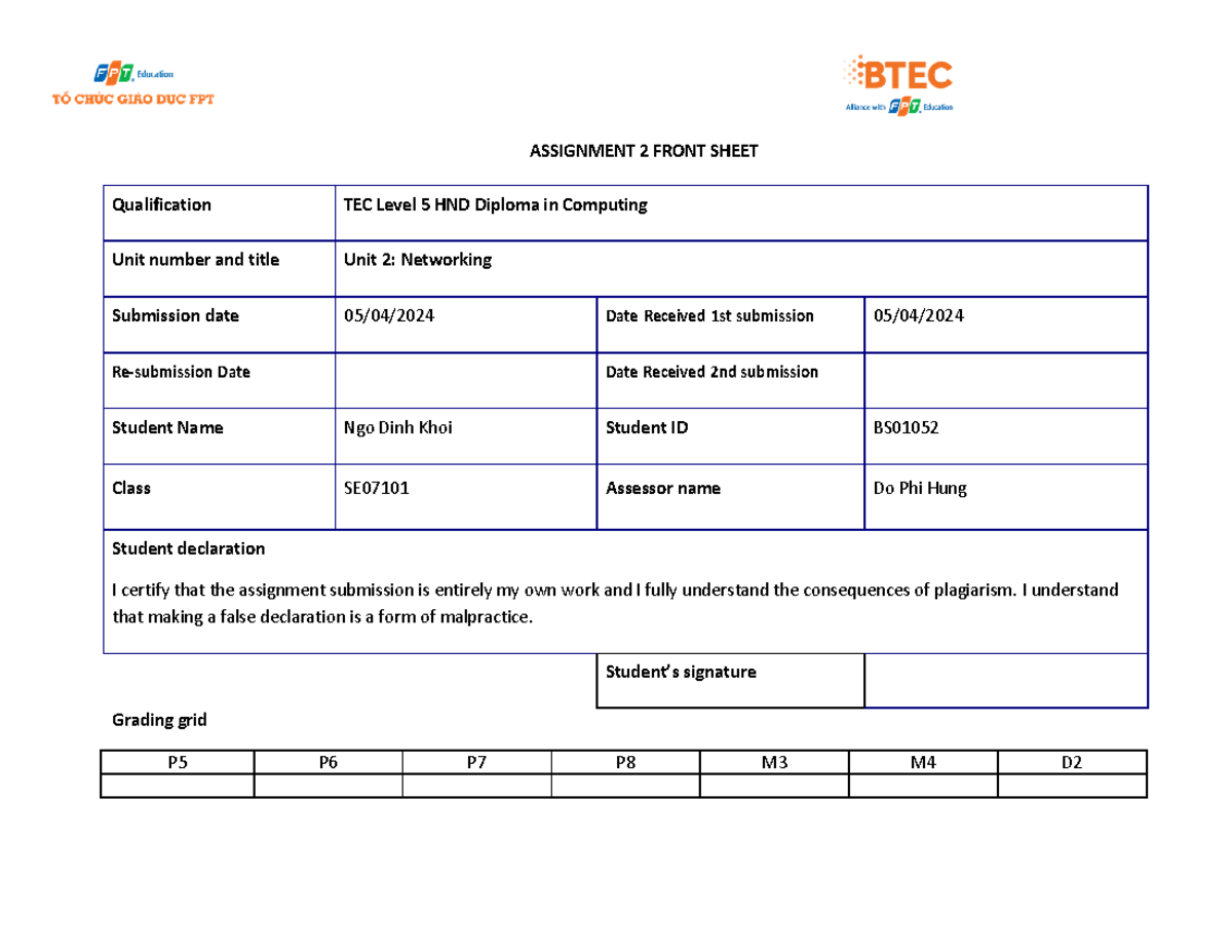 assignment two - ASSIGNMENT 2 FRONT SHEET Qualification TEC Level 5 HND Diploma in Computing ...