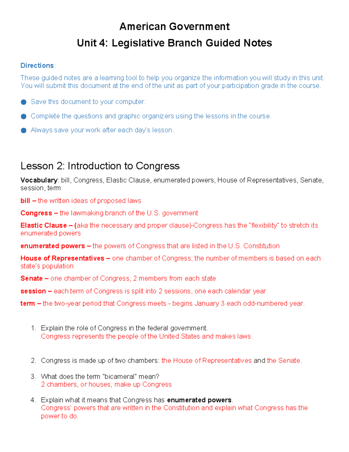Legislative Branch Unit 4: Guided Notes and Key Concepts - Studocu