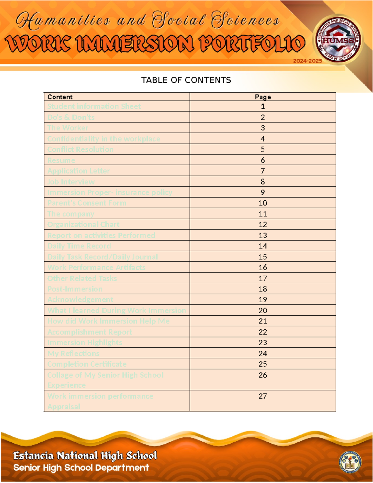 Immersion Portfolio: Work Experience & Reflections (Grade 12 HUMSS ...