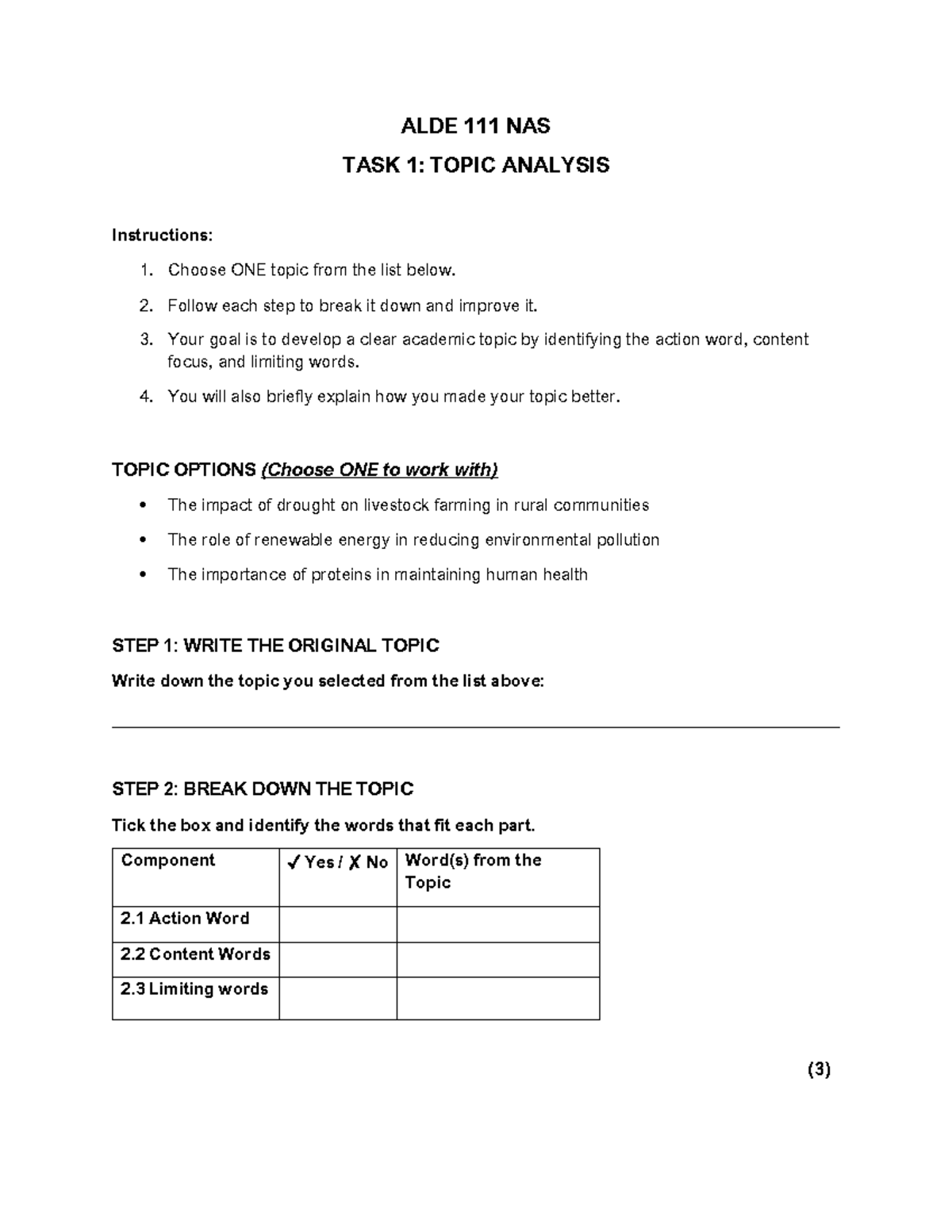 ALDE 111: Task 1 Topic Analysis and Improvement Guide - Studocu