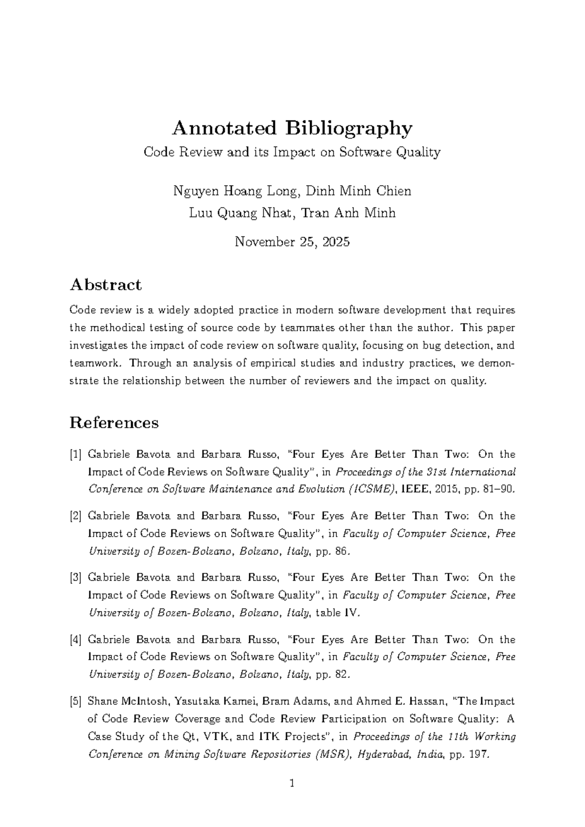 Annotated Bibliography: Code Review's Impact on Software Quality - Studocu