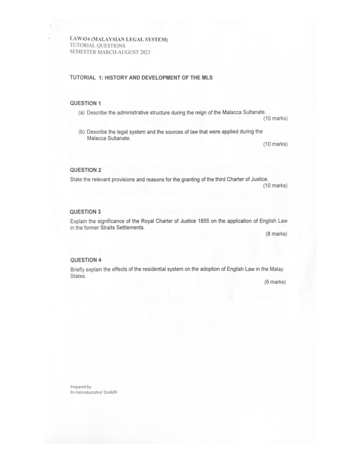 LAW434 tuto questions - note - LAW434 (MALAYSIAN LEGAL SYSTEM) TUTORIAL ...