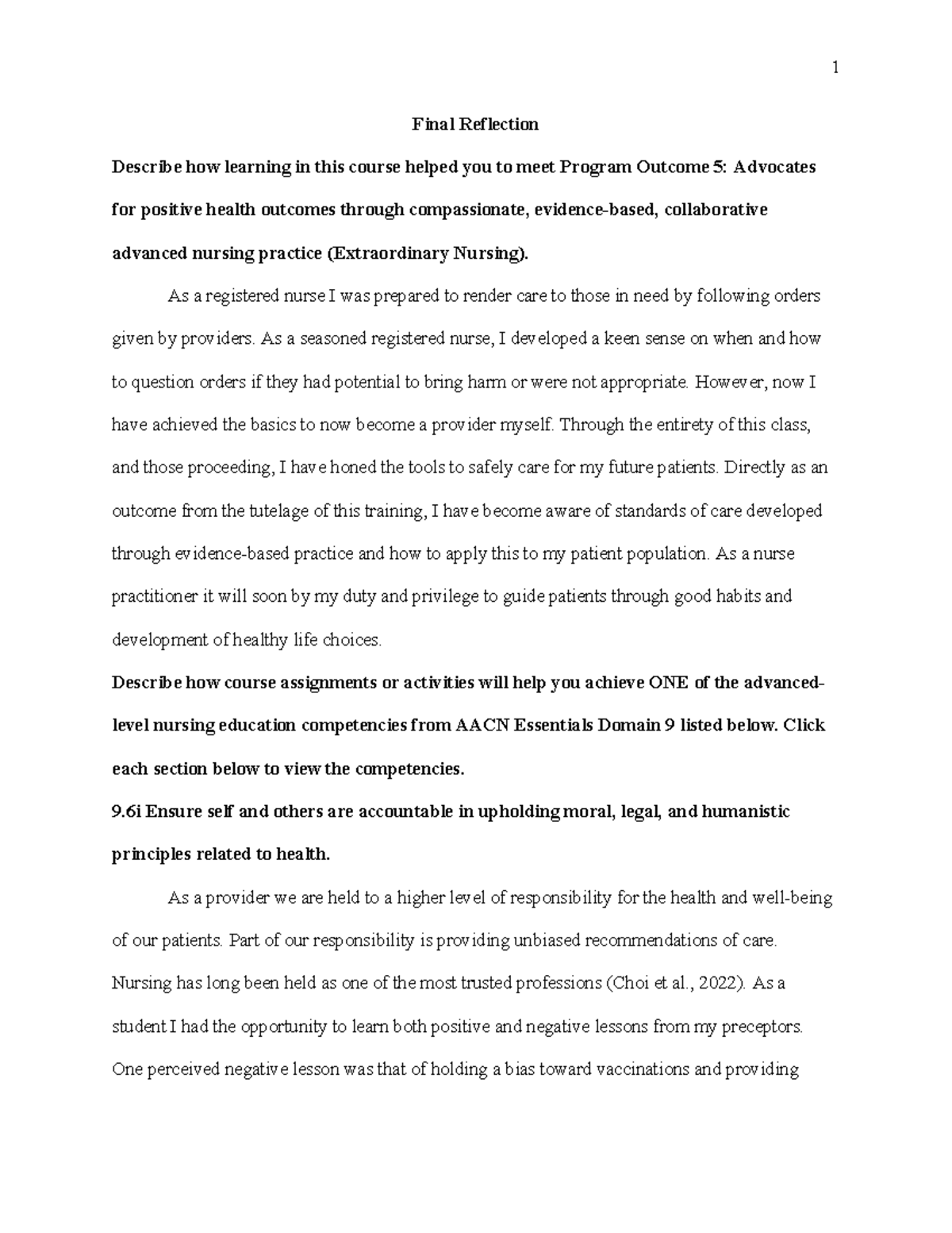 NUR 501 Final Reflection on Program Outcome 5 in Nursing Practice - Studocu