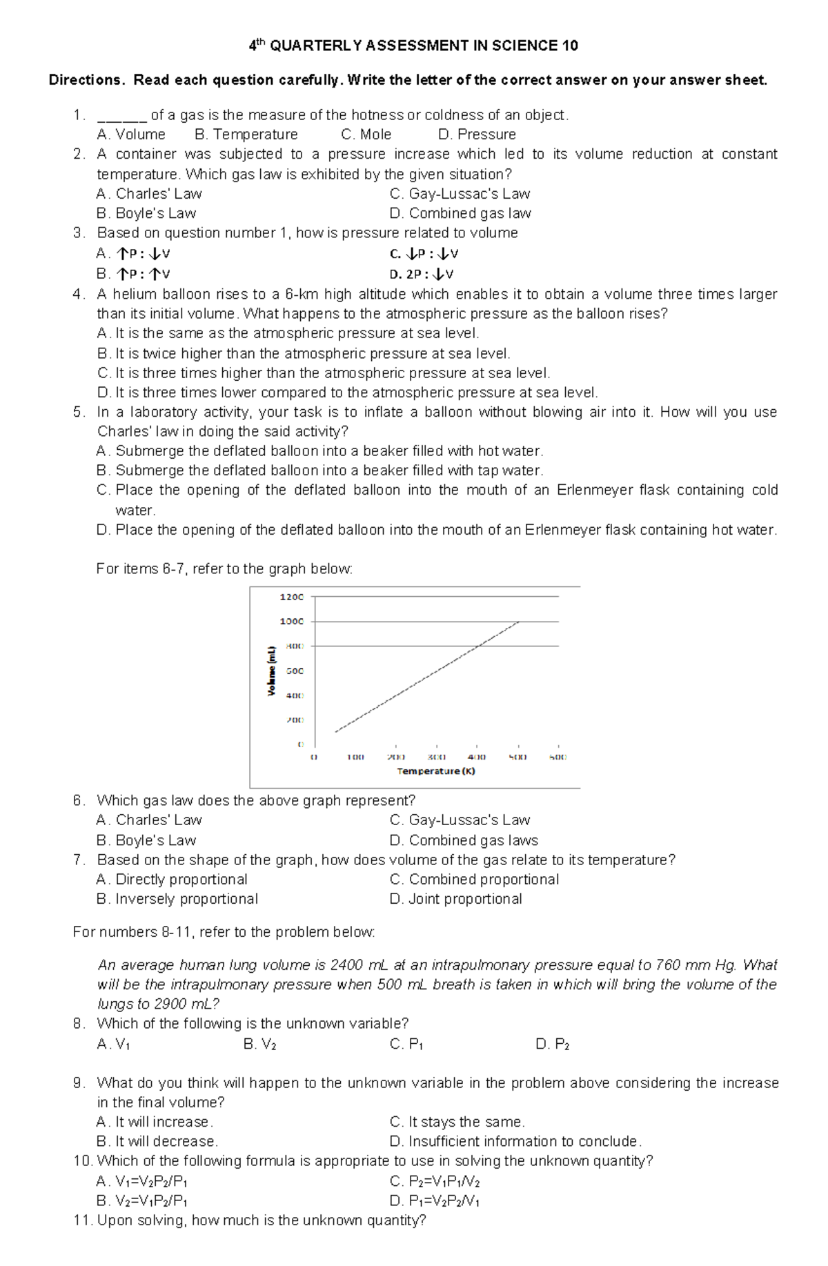 G10-4TH-SCI - Sample exam - 4 th QUARTERLY ASSESSMENT IN SCIENCE 10 ...