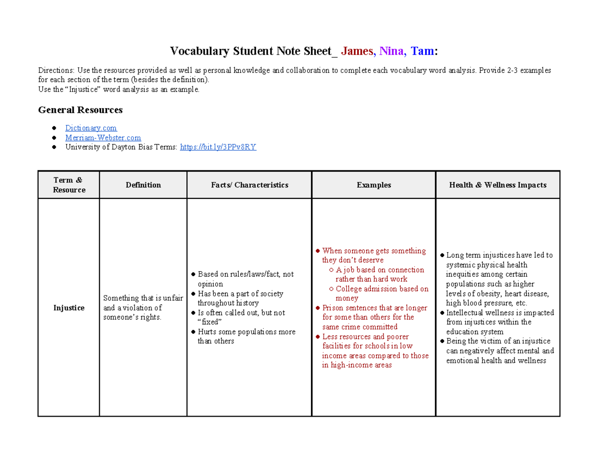 Copy of Health II L6 Vocabulary Student Note Sheet Paper - Vocabulary ...