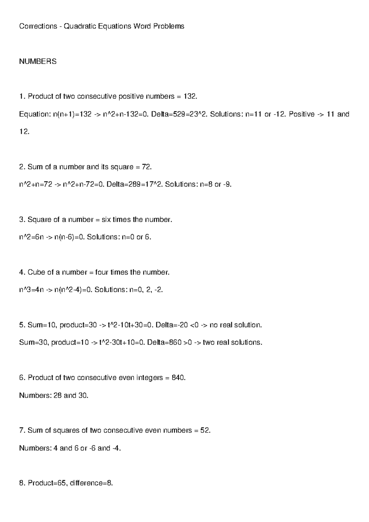 Quadratic Equations Word Problems Corrections (NUMBERS) EN - Studocu