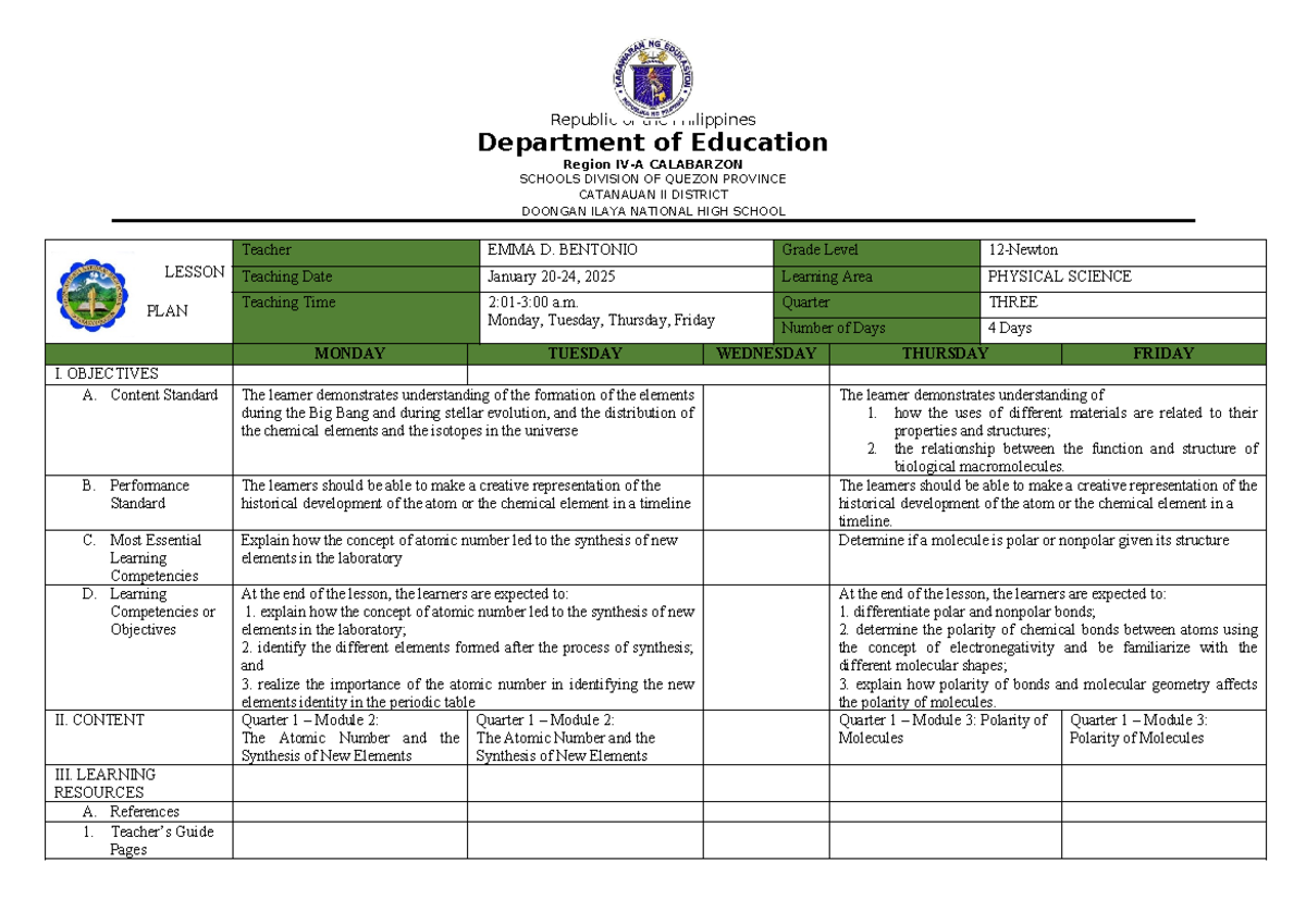 DLL 1. Lesson Plan: Physical Science Grade 12 (Jan 20-24, 2025) - Studocu