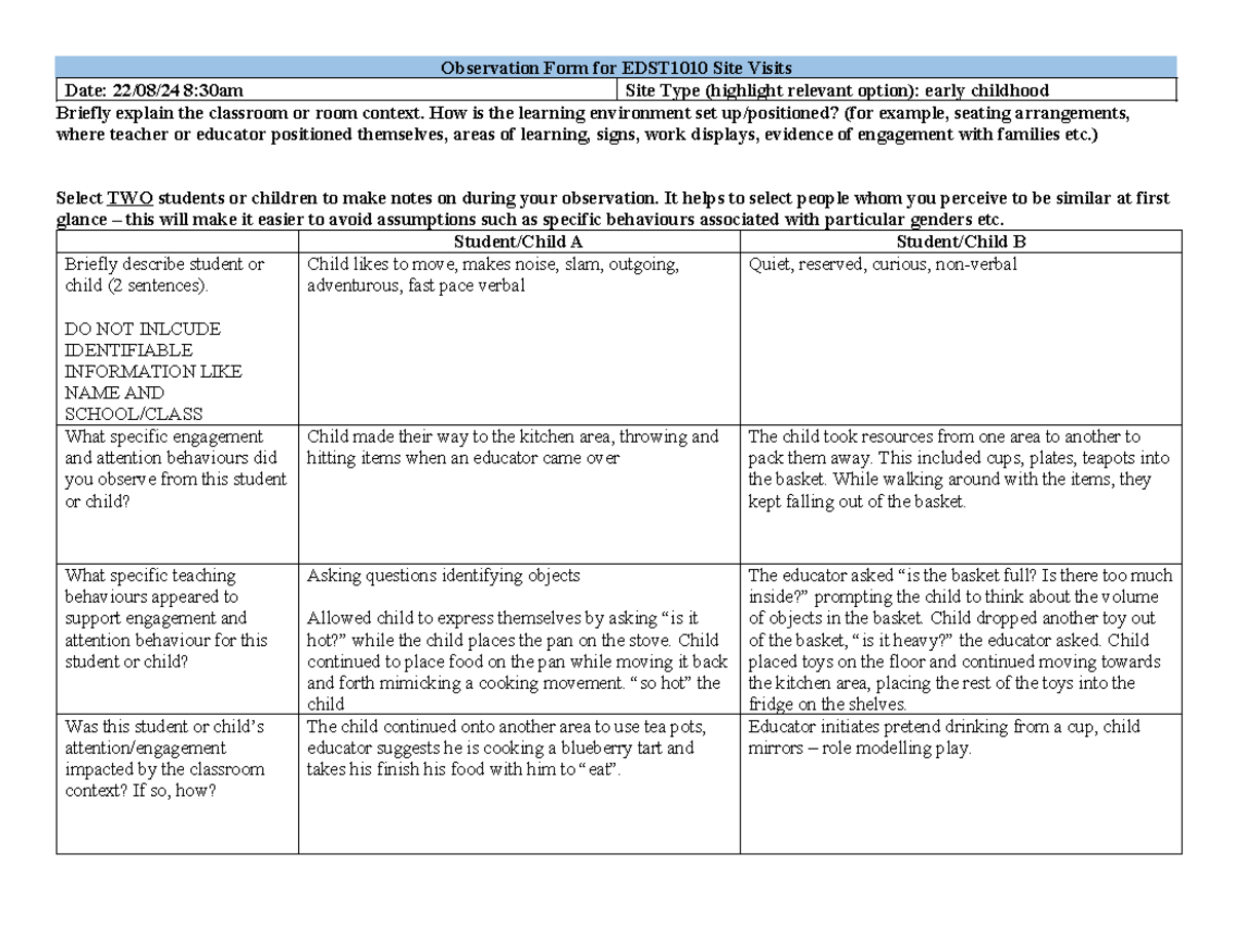 EDST1010 Site Visit Observation Form 2024 - Observation Form for ...